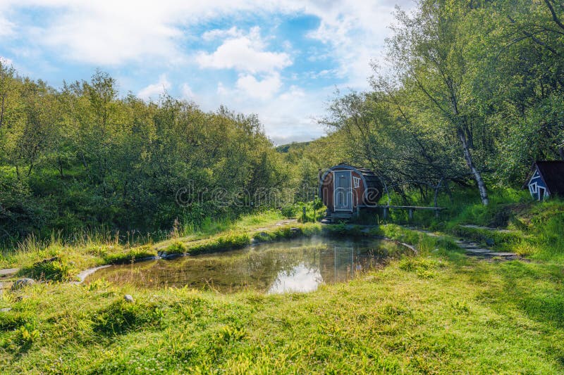 Hot Spring Pool with Wooden Hut in the Forest Stock Image - Image of ...