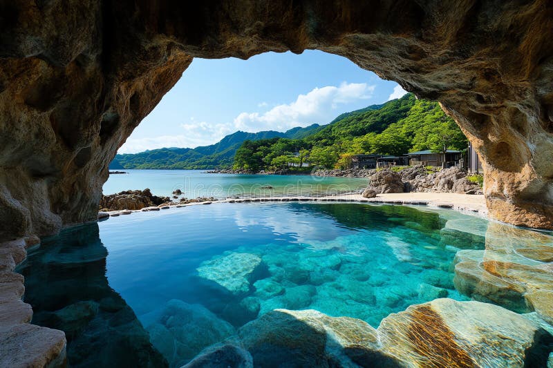 A Hot Spring Under a Natural Stone Arch, Creating a Picturesque Frame ...