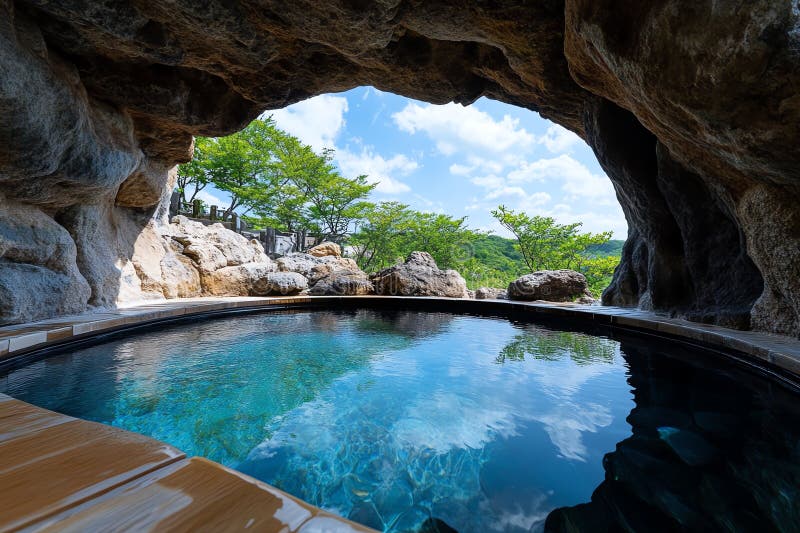 A Hot Spring Under a Natural Stone Arch, Creating a Picturesque Frame ...