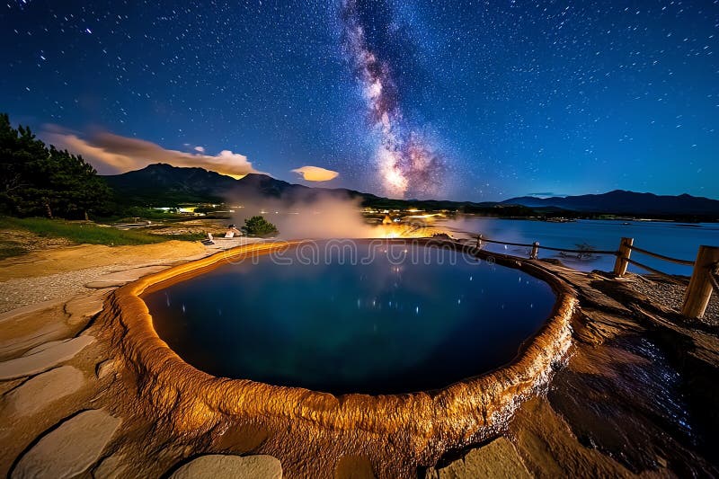 A Hot Spring Under a Starry Night Sky, with the Milky Way Clearly ...