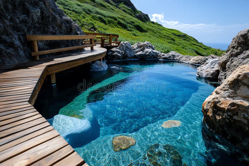A Hot Spring with Wooden Bridges Connecting Multiple Pools, Each ...