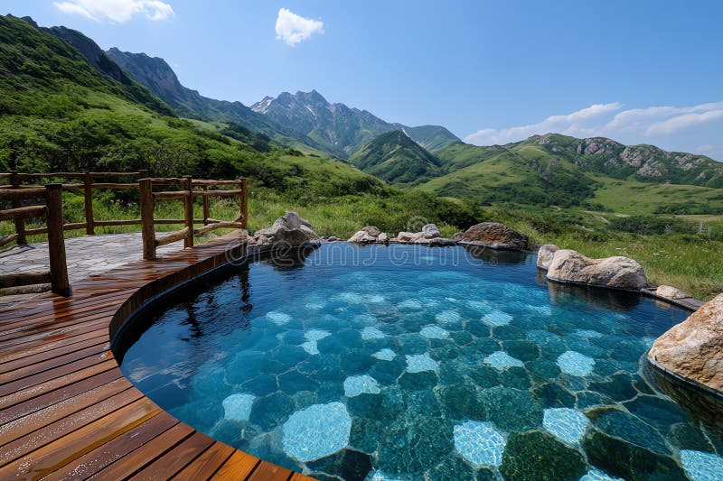 A Hot Spring with Wooden Bridges Connecting Multiple Pools, Each ...