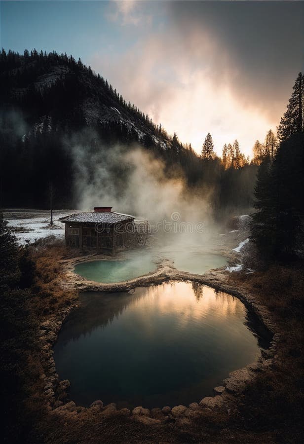 Hot Springs Surrounded by Mountains and Forests. AI Generated Stock ...