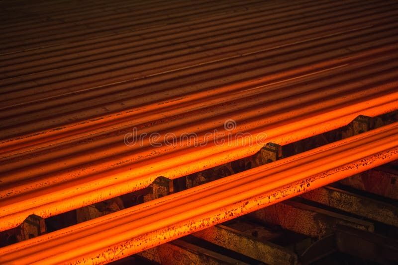 Hot Square Steel Bloom on the Roll. Huge Ironworks. Stock Image - Image ...