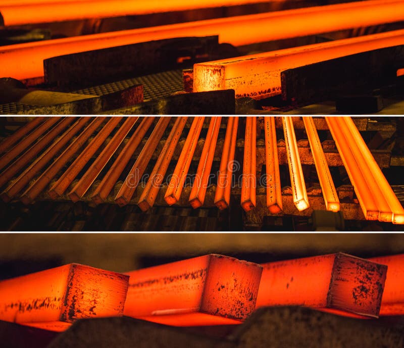 Hot Square Steel Bloom on the Roll-table. Collage of Pictures. Stock ...