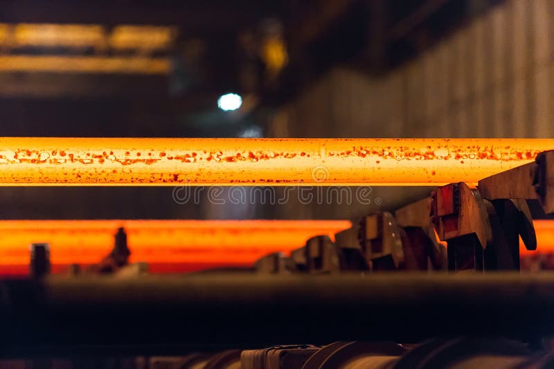 Hot Square Steel Bloom on the Roll-table. Huge Ironworks. Stock Photo ...
