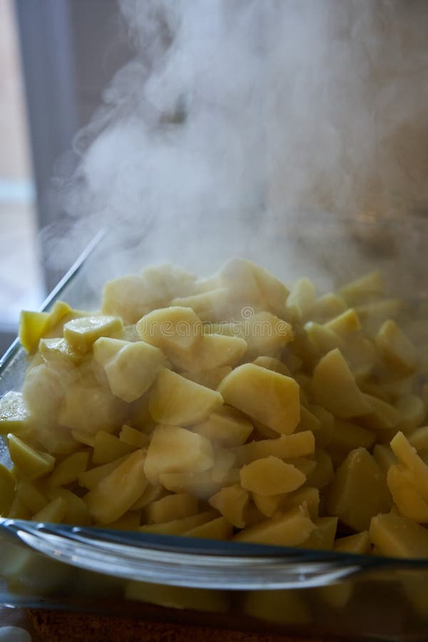 Hot Steaming Boiled Potatoes in a Tray Stock Image - Image of ...