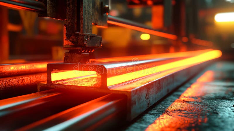 Hot Steel Beams Align in the Mill, Glowing Brightly As they Undergo ...