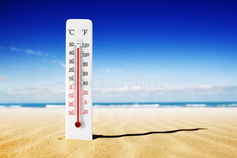 Hot Summer Day. Celsius and Fahrenheit Scale Thermometer in the Sand ...