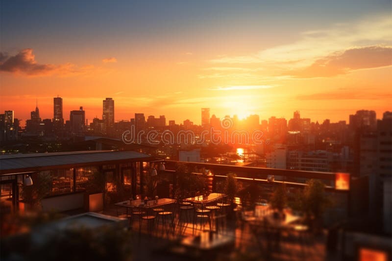 Hot Summer Evening Rooftop Party with a Blurry Cityscape Backdrop Stock ...