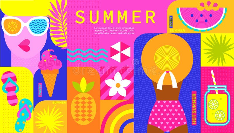 Hot Summer Party Poster with Summertime Elements. Stock Vector ...
