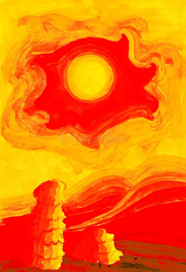 Hot Sun in Yellow Sky Over the Red-hot Desert Stock Illustration ...
