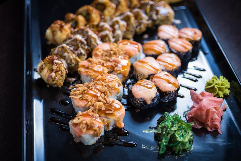 Hot Sushi Set with Various Maki and Uramaki Sushi Stock Image - Image ...