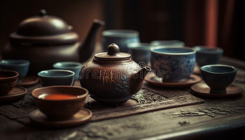 Hot Tea in Antique Chinese Teapot Set Generated by AI Stock ...