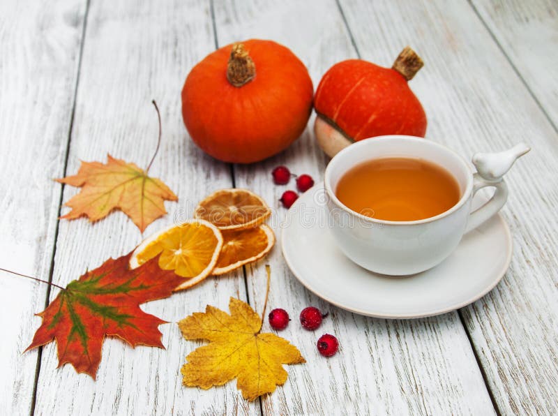 Hot tea and autumn leaves stock image. Image of natural - 98979895
