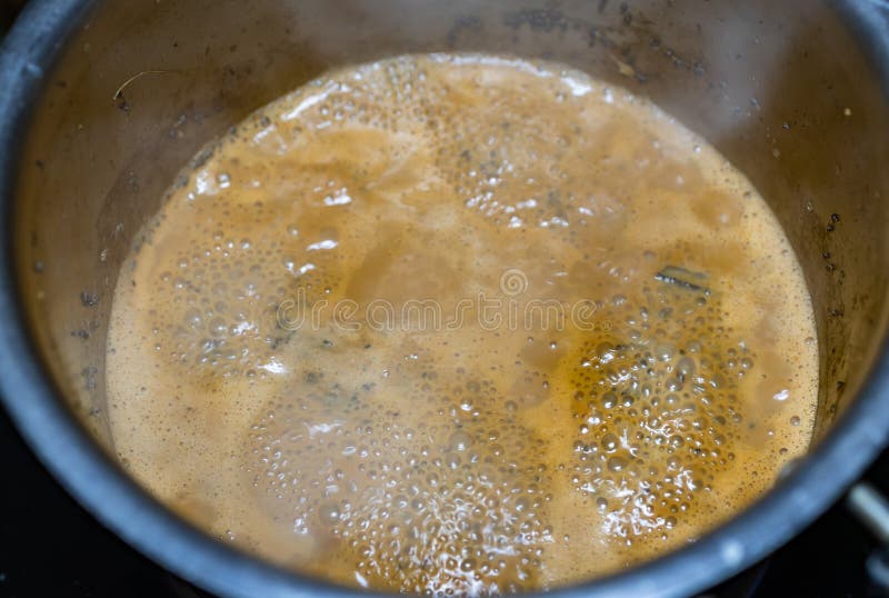 Hot Tea Boiling at Steep Pan Close Up in Details Stock Image - Image of ...