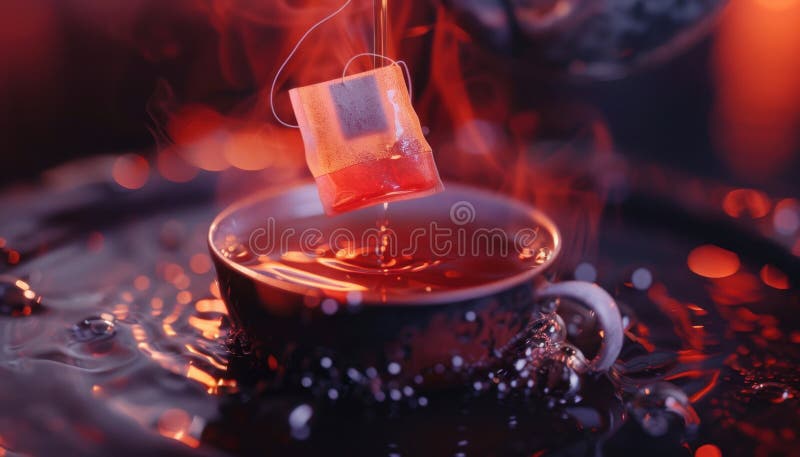 Hot Tea Brewing with a Teabag Over a Steaming Cup in a Warm, Inviting ...