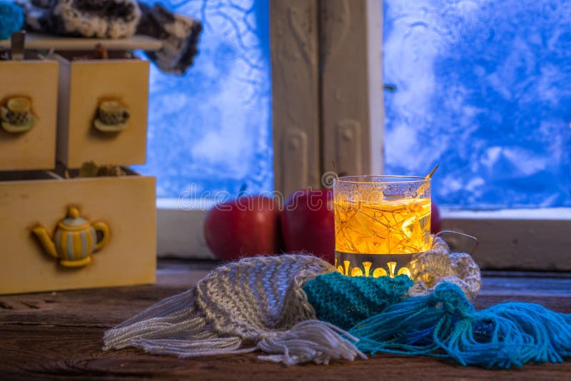 Hot tea in cold evening stock photo. Image of dark, scene - 54857248