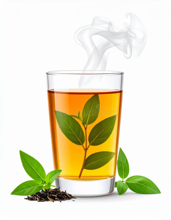 Hot Tea in Glass Cup with Steam and Leaves Stock Illustration ...