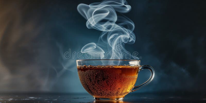 Hot Tea in Glass Cup with Steam Rising on Dark Background. Stock Photo ...