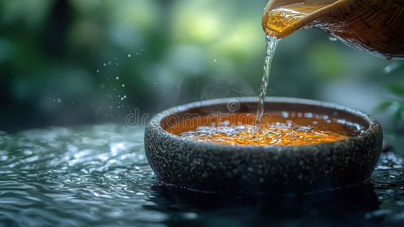 Hot Tea Poured into Bowl in Tranquil Garden Water Feature Stock ...