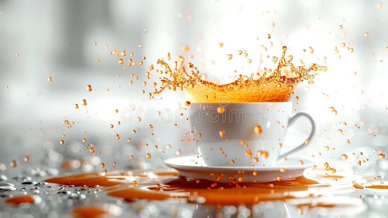 Exciting Splash of Tea in a White Cup on a Reflective Surface at Sunset ...