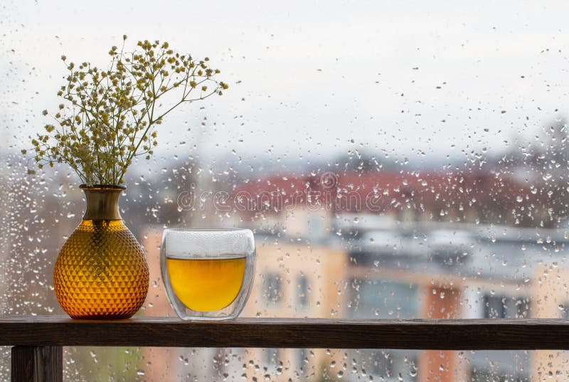 Hot Tea in Thermo Glass on Background Window with Raindrops Stock Photo ...