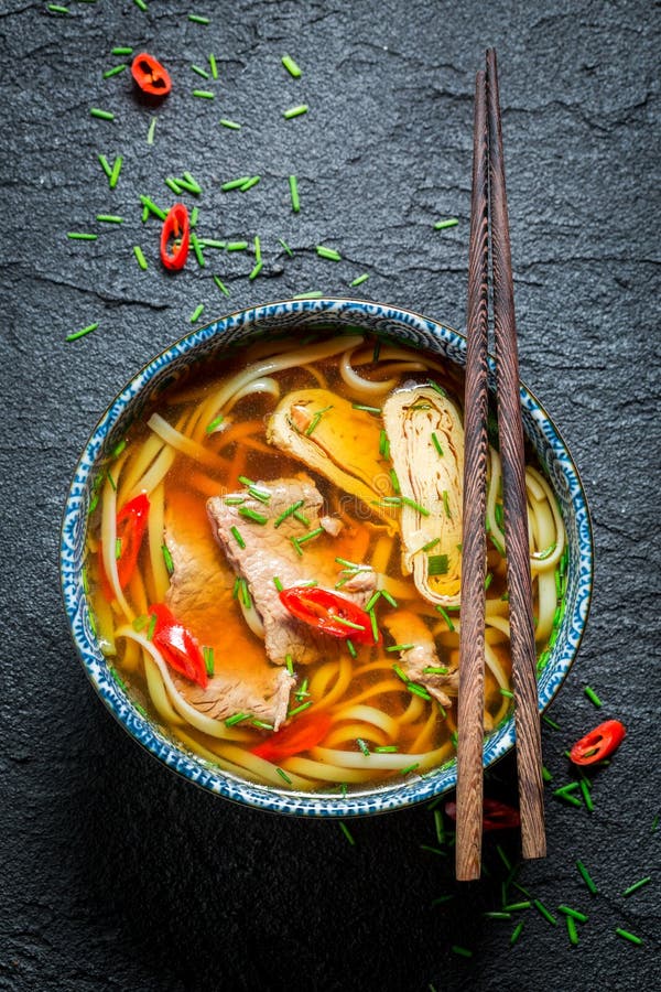 Hot Thai Broth with Beef and Noodle Stock Image - Image of braised ...