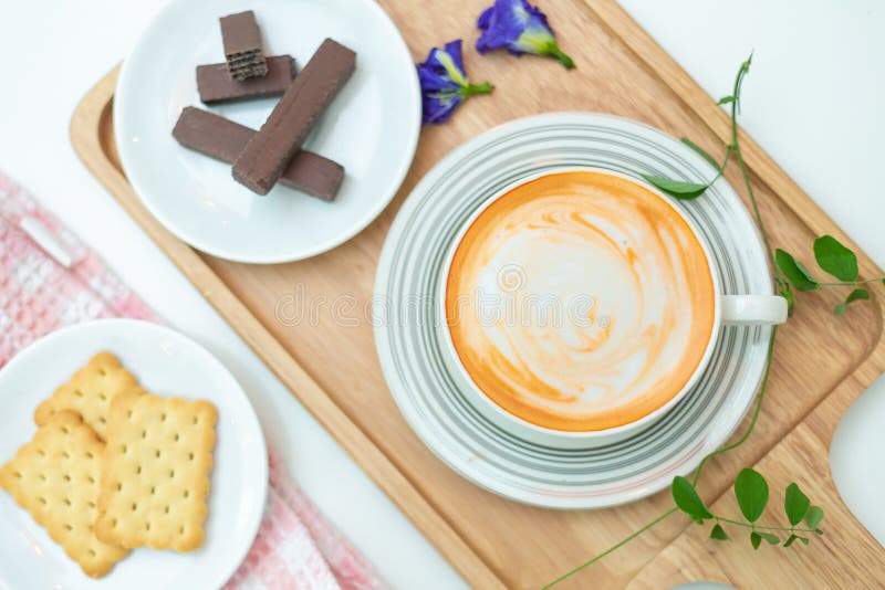 Hot Thai Tea with Dessert and White Plate. on Top Stock Image - Image ...