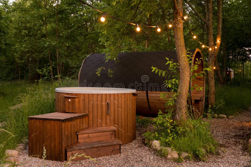 Hot Tub and Sauna in Forest Stock Photo - Image of glamping, decor ...