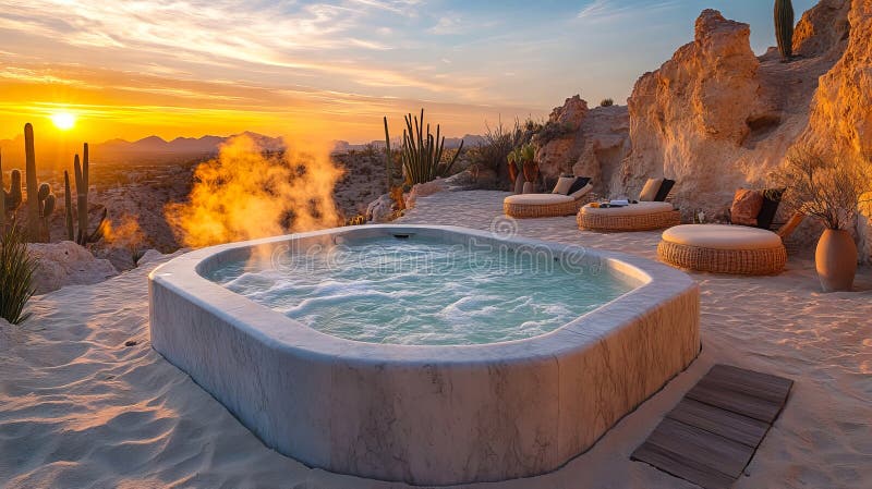 A Hot Tub Sitting in the Middle of a Desert at Sunset Stock Image ...