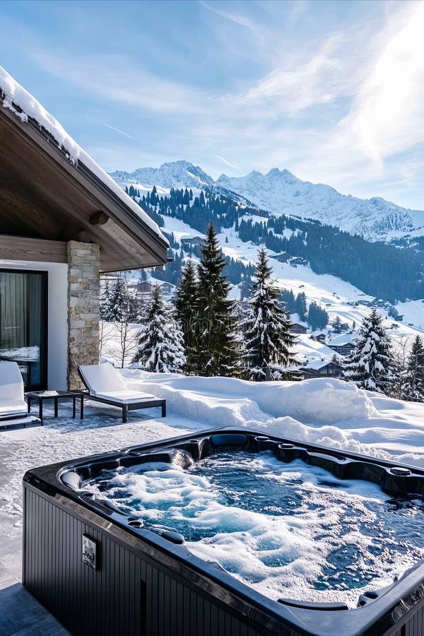 A Hot Tub Sitting on Top of a Snow Covered Patio Stock Photo - Image of ...
