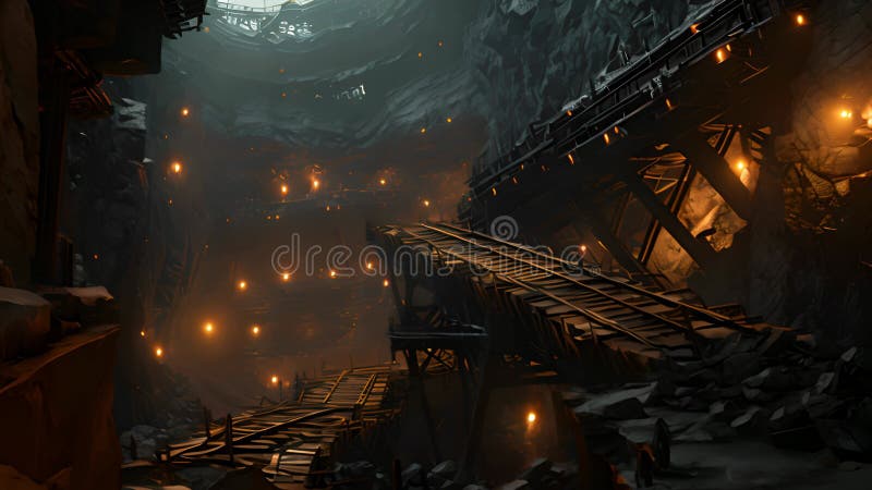 Hot Underground Mine with Machinery for Resource Extraction. Industrial ...