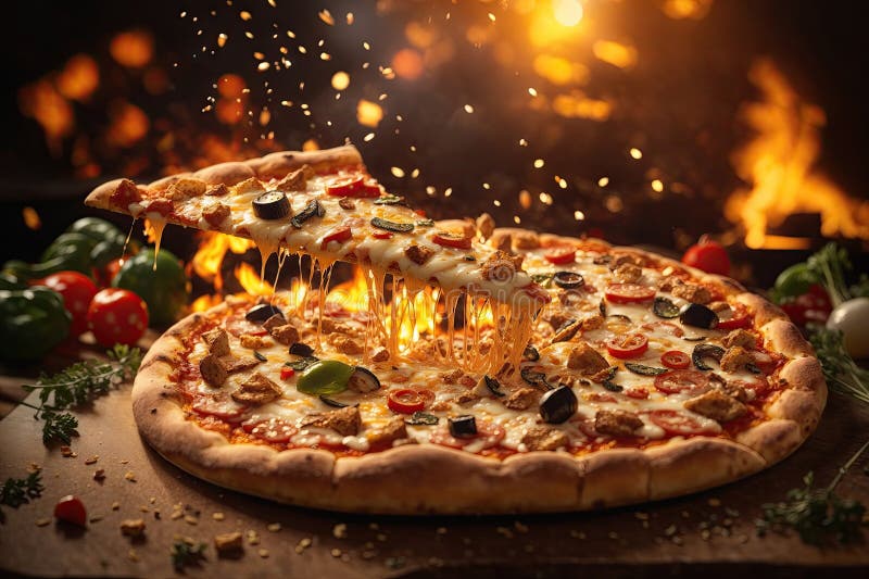 Hot Vegan Pizza with Melted Cheese Fire and Flying. Ai Generative Stock ...