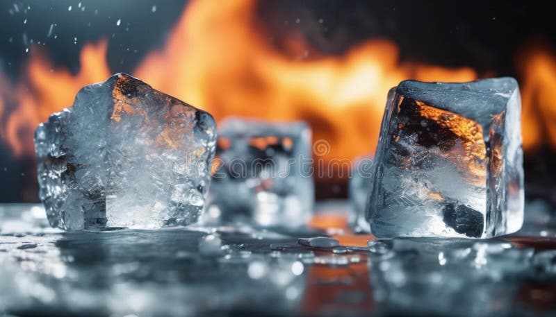Hot Versus Cold. Ice Cube and Fire in the Background. Concept of ...