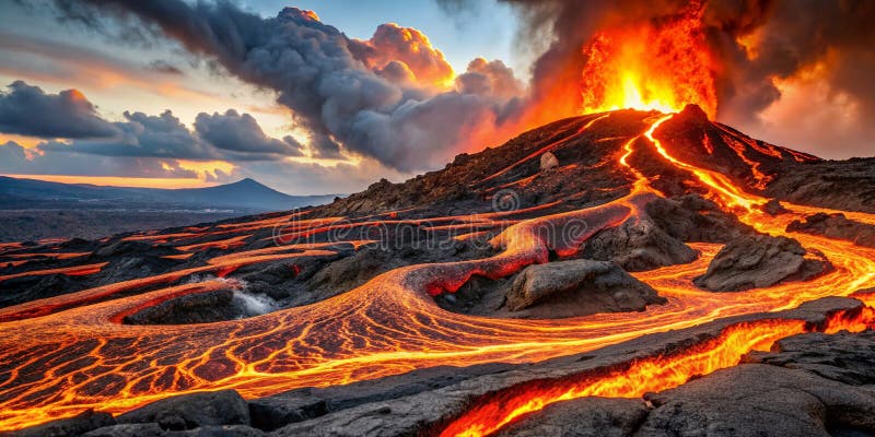 Hot Volcanic Lava Flows Down the Slopes of the Volcano Melting ...