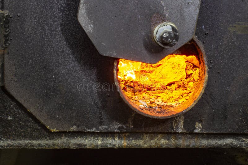 Hot Water Boiler with Open Door and Fire Inside and Scoop with Coal ...