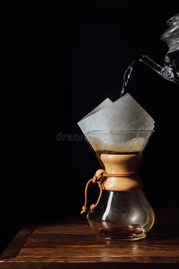 Hot Water Pouring into Chemex with Filter Cone on Wooden Table Stock ...