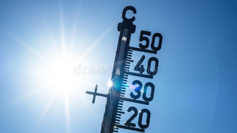 Hot Weather - Heat Wave / Summer Heat Background - Thermometer Blue Sky ...