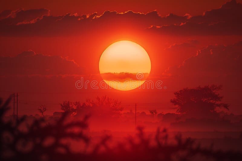 Hot Weather Hot Red Sun on the Horizon Generative AI Stock Illustration ...