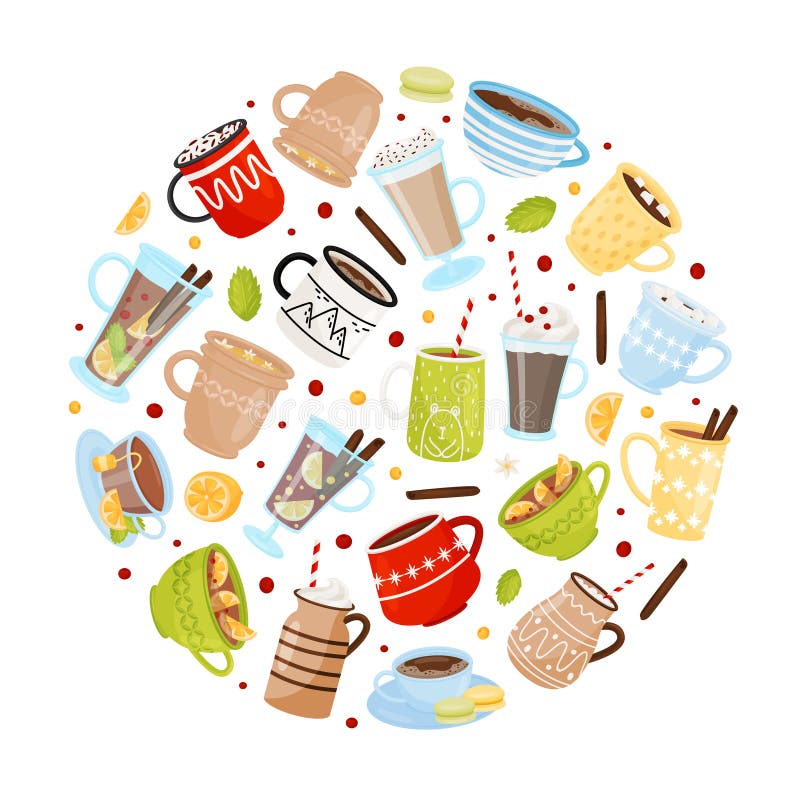 Hot Winter Drinks Round Composition Design with Mug Vector Template ...