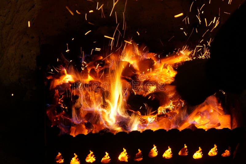Hot Wood Coals Burn with Bright Flame in Iron Brazier Stock Image ...
