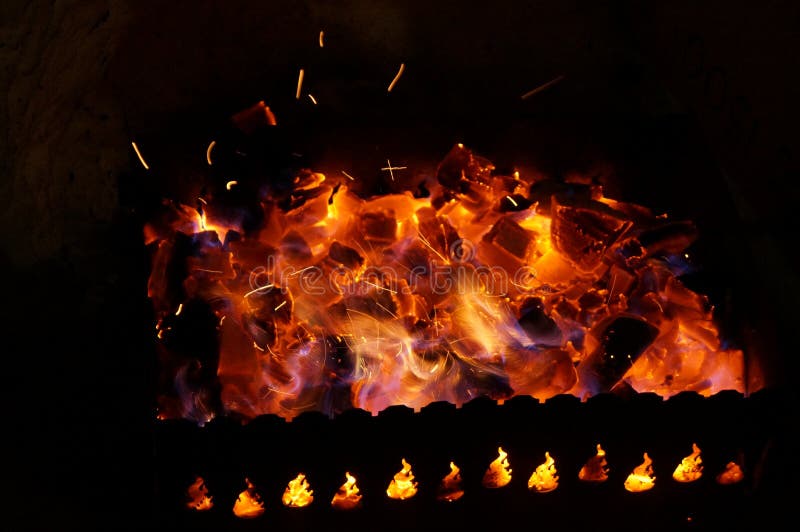 Hot Wood Coals Burn with Bright Flame in Iron Brazier Stock Photo ...