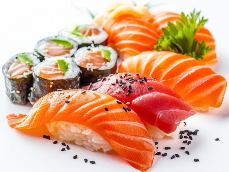 Hotate Sushi Roll and Salmon and Otoro Sashimi with a White Backdrop ...