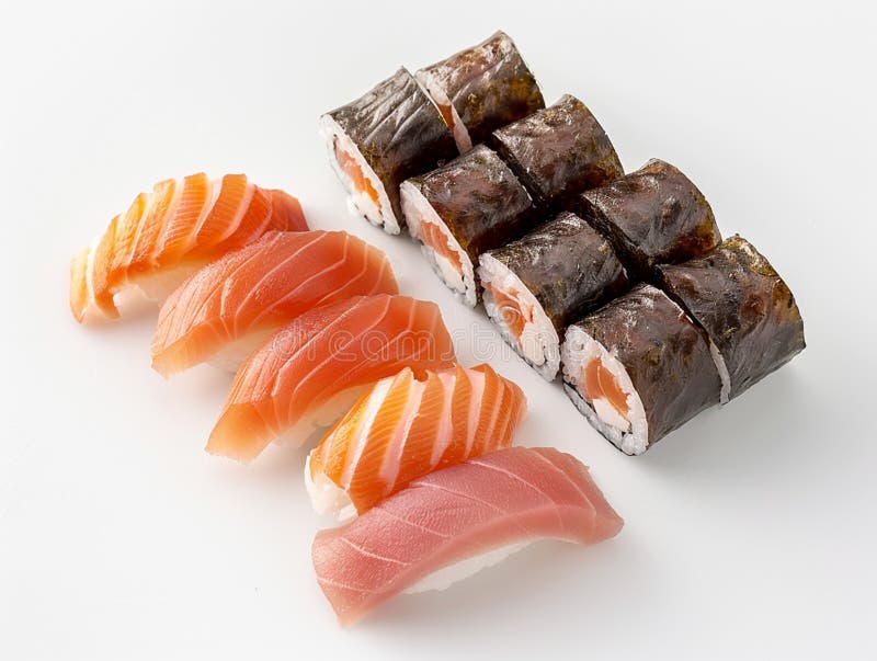 Hotate Sushi Roll and Salmon and Otoro Sashimi with a White Backdrop ...