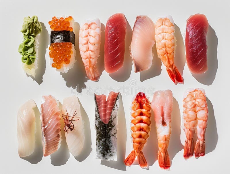 Hotate Sushi Roll and Salmon and Otoro Sashimi with a White Backdrop ...