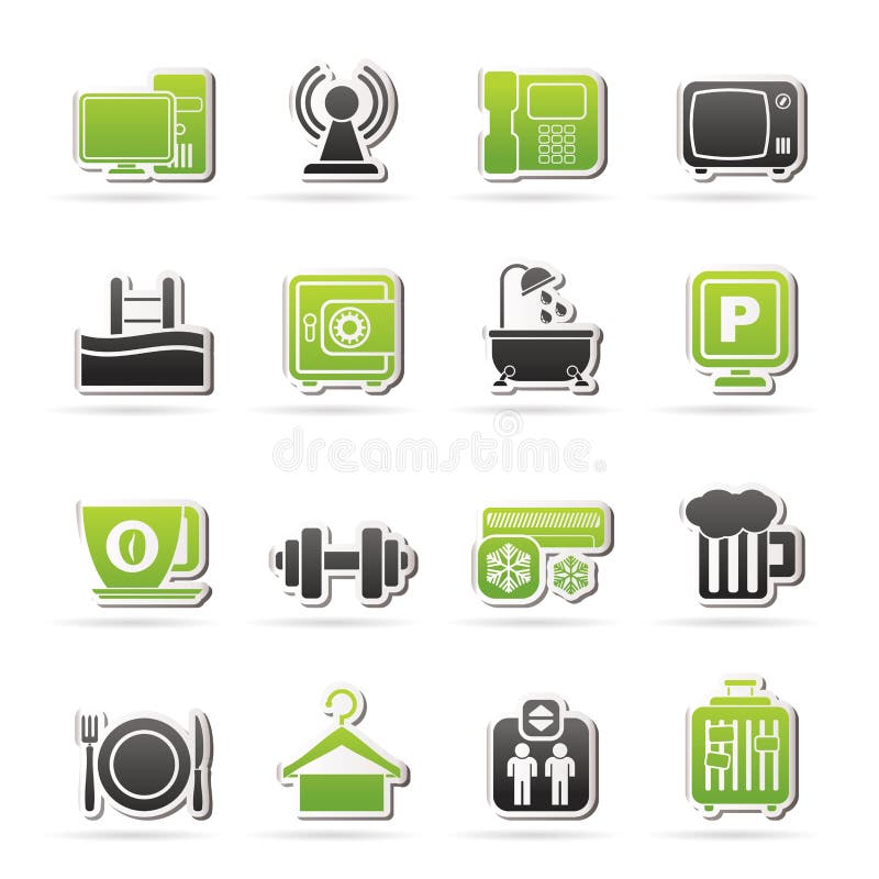 Hotel Amenities Services Icons Stock Vector - Illustration of phone ...