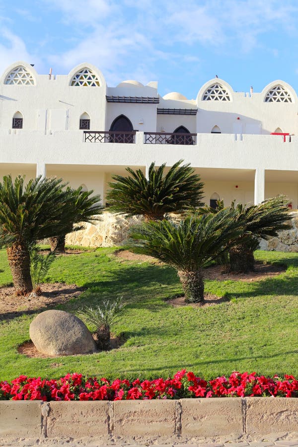 Hotel Area with Palm Trees Landscape Stock Image - Image of garden ...