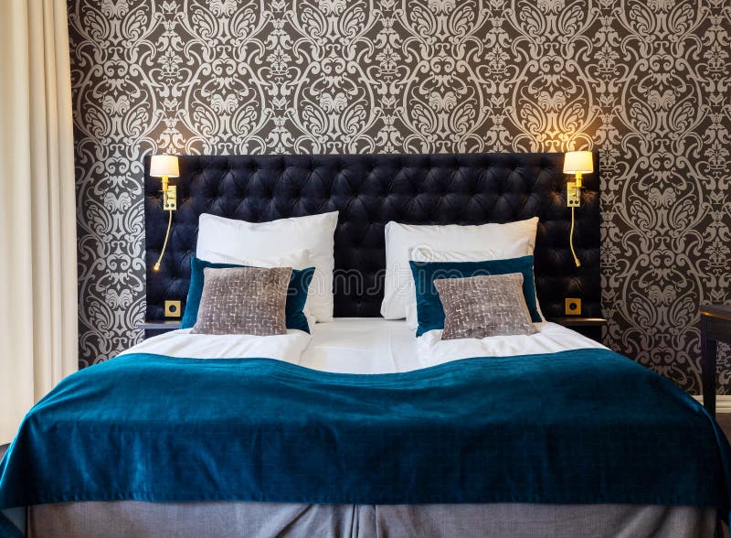 Hotel bed frontal view stock image. Image of apartments - 283532477