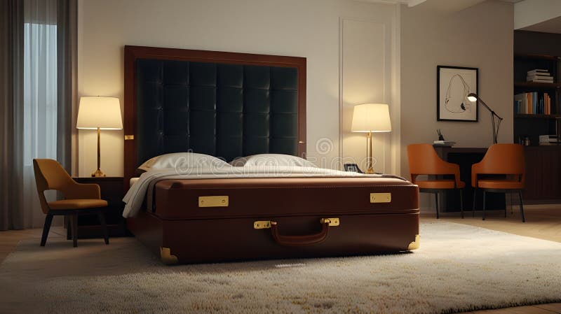 Hotel Bed with Open Briefcase and Work Materials Stock Illustration ...